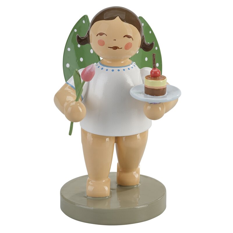 Engel mit Törtchen und rosa Tulpe